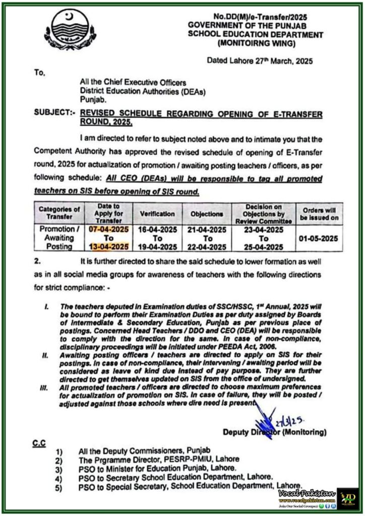 Punjab Government Announces Revised E-Transfer Schedule for Teachers–Official Notification ...