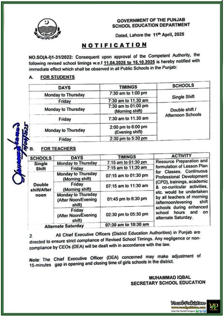 Punjab Government Announces Revised School Timings April to October 2025–Official Notification ...