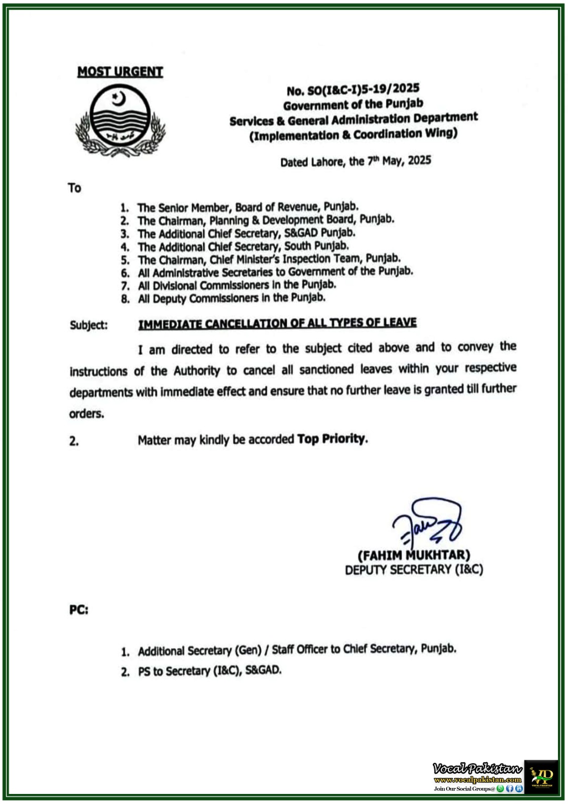Punjab Government Cancels All Types of Leaves–Urgent Notification Issued - Vocal Pakistan