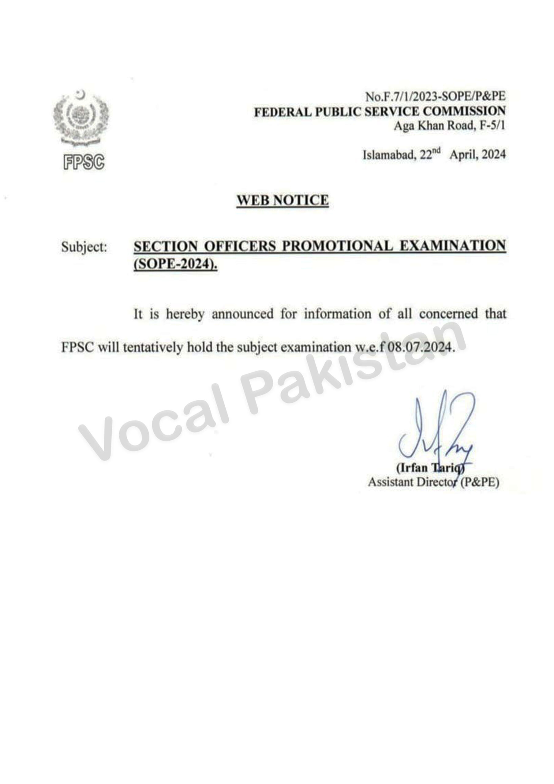 FPSC Notification About Tentative Date Of Section Officers Promotional ...