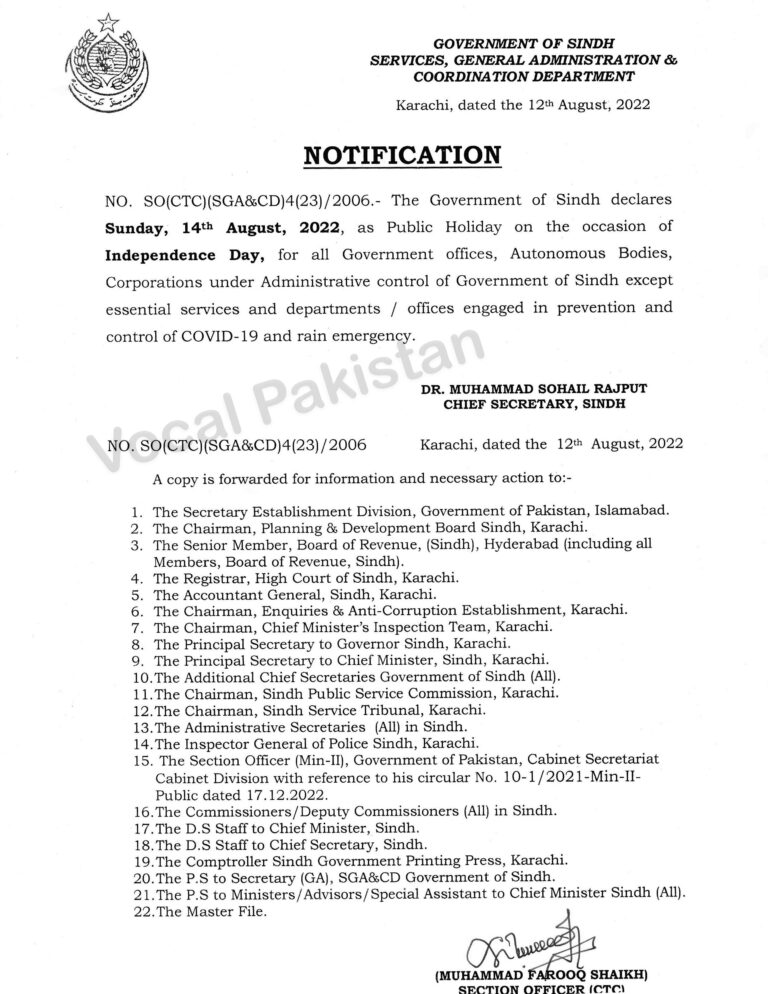 Government of Sindh declared Sunday, 14th August, 2022, as Public ...