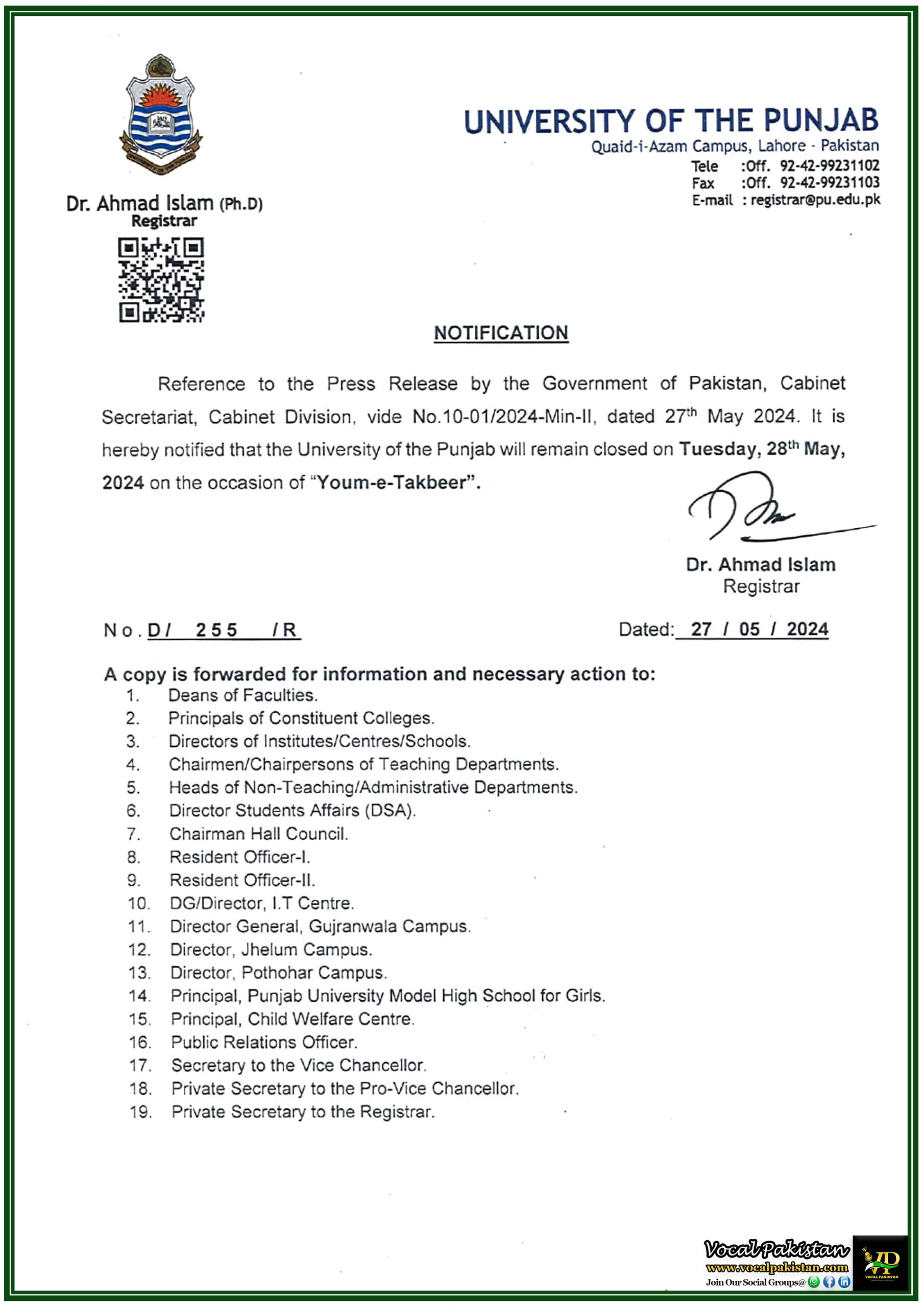 University of the Punjab Announces Closure for Youm-e-Takbeer: Official ...