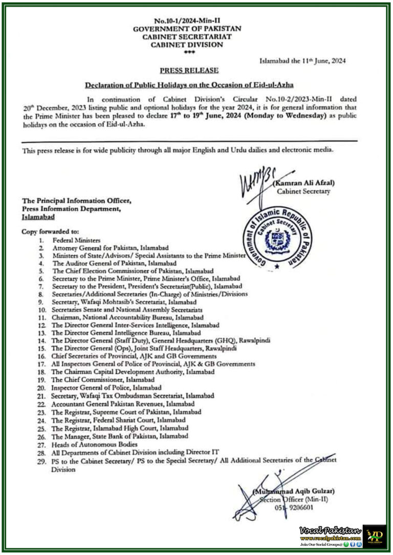 Federal Government Declares Eid-ul-Azha Holidays 2024-Notification ...
