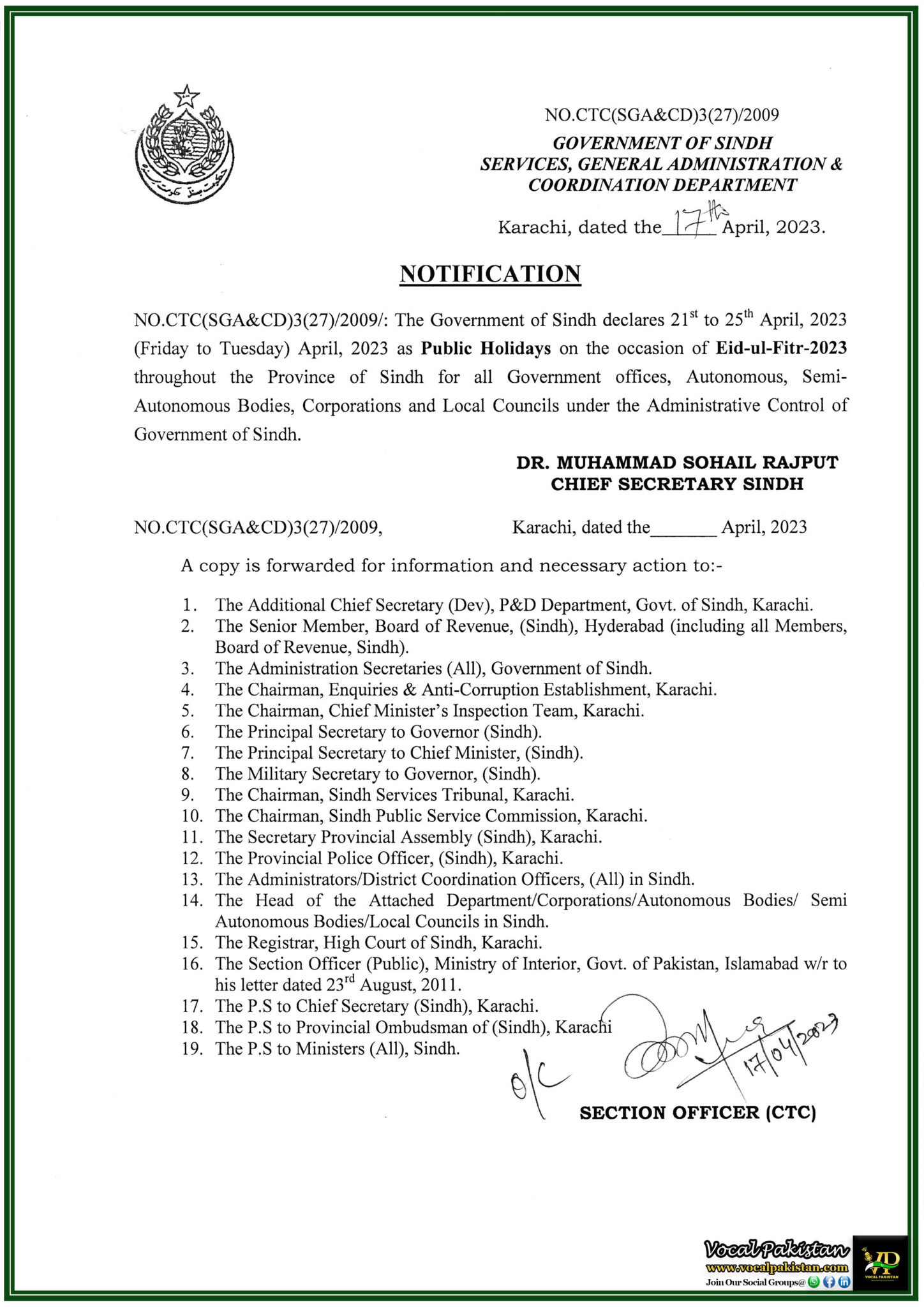 Government Of Sindh Notification Of Eid Ul Fitr Holidays-2023 - Vocal ...