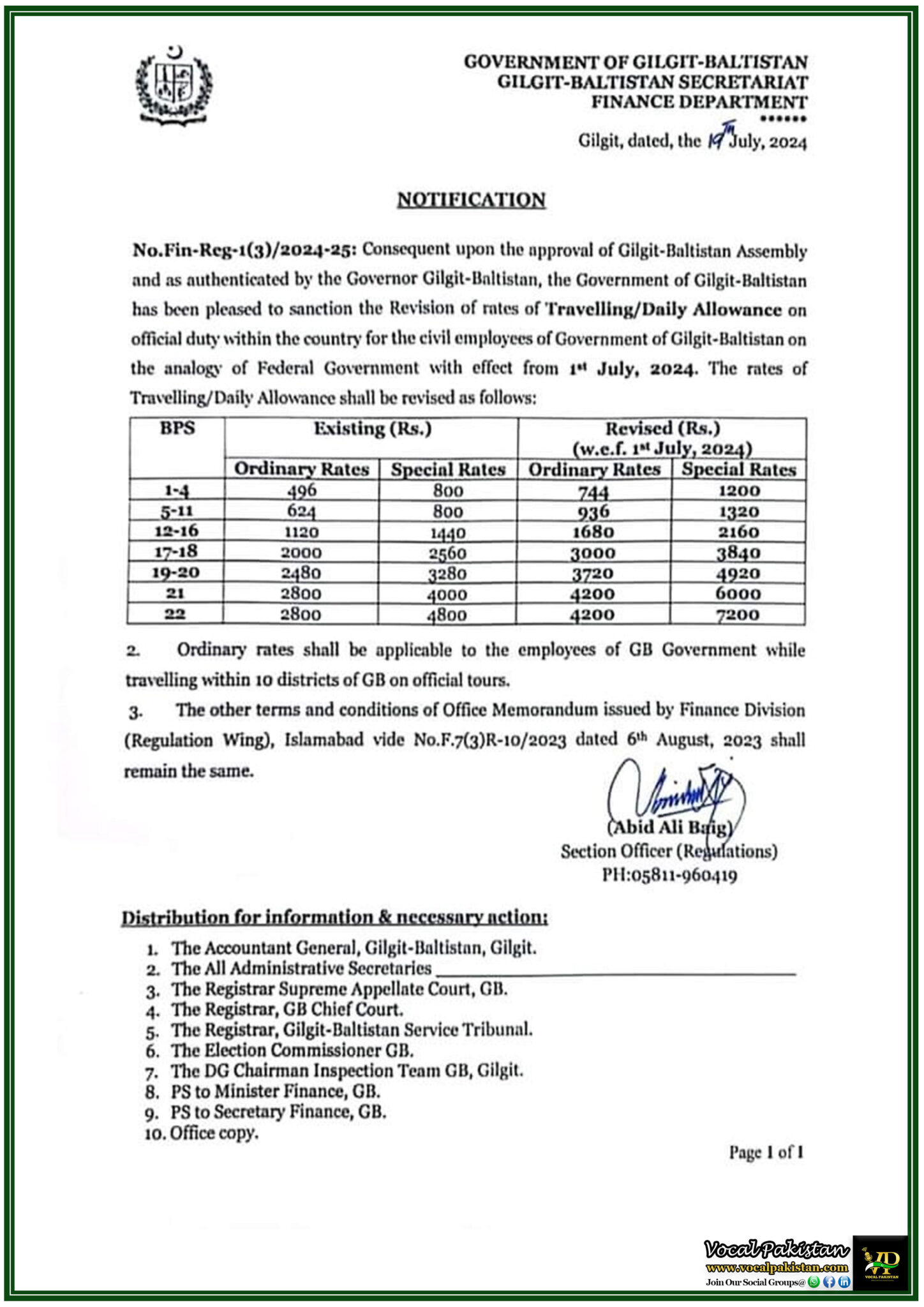Gilgit-Baltistan Government Announces Revision of Travelling/Daily ...