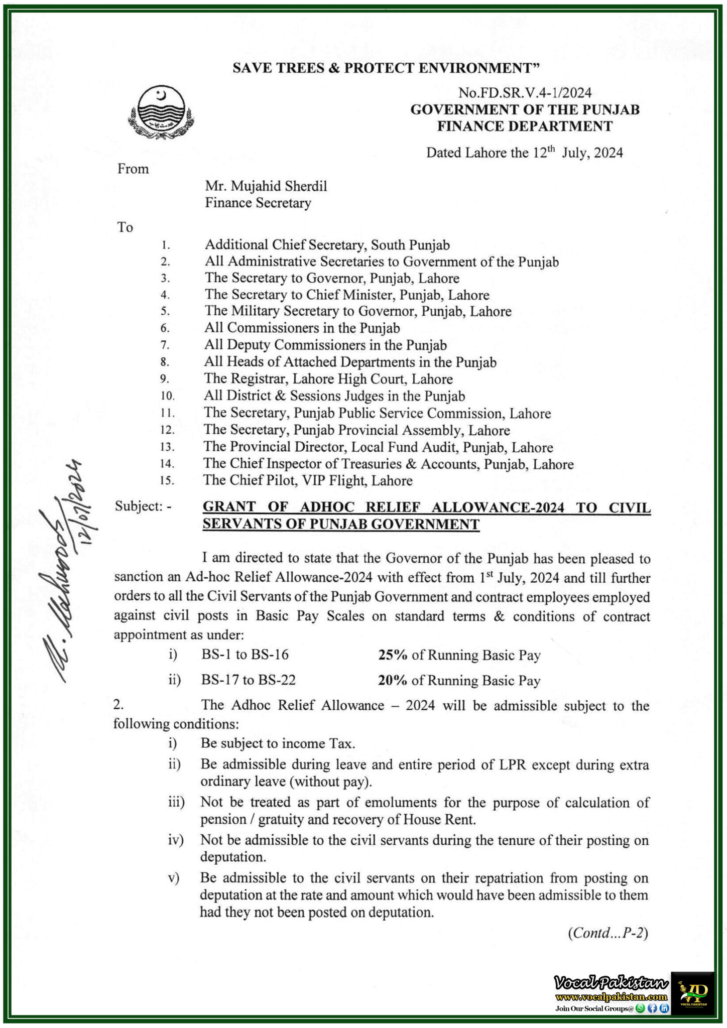 Grant Of Adhoc Relief Allowance-2024 To Civil Servants Of Punjab ...