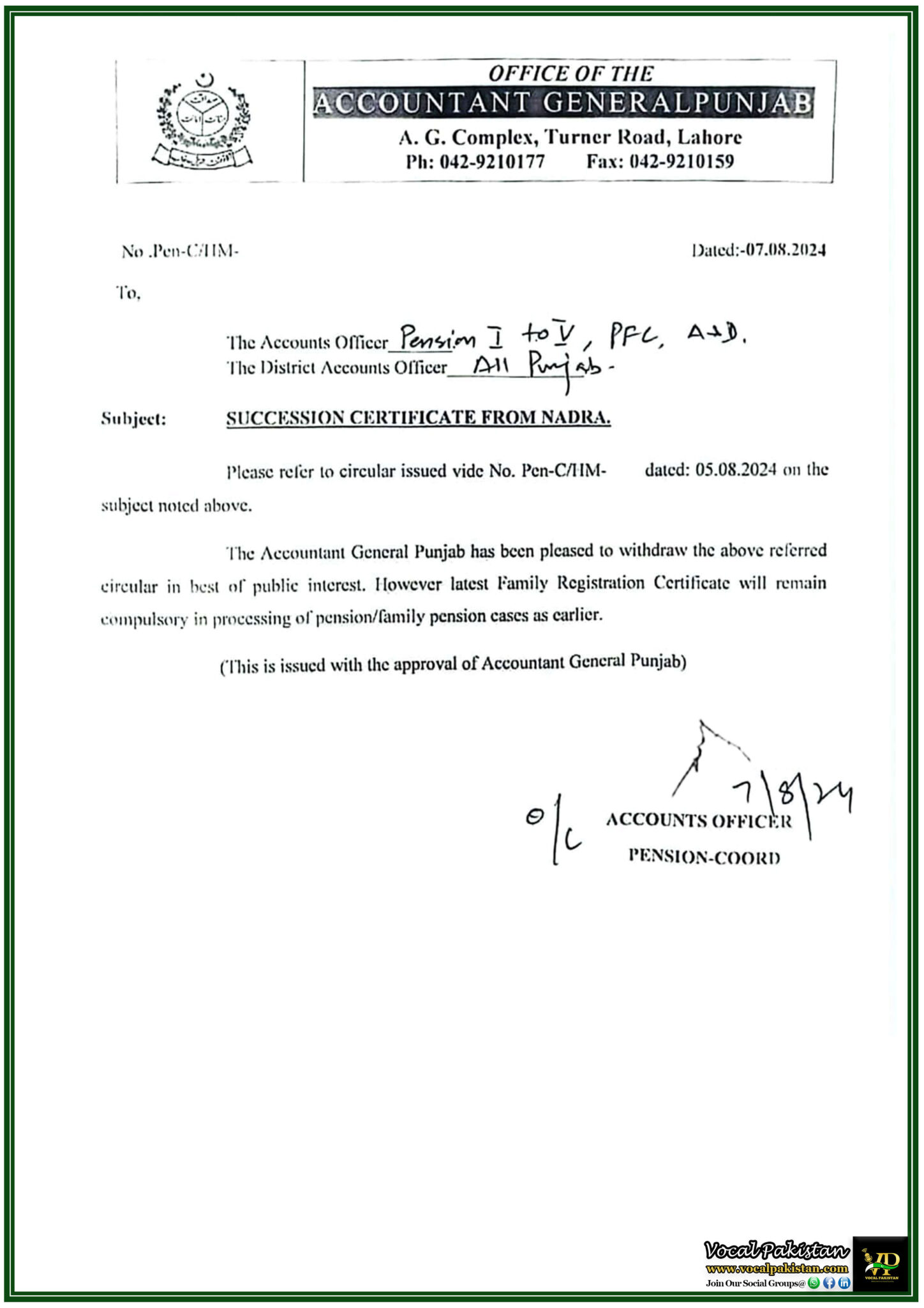 AGPR Punjab Withdraws NADRA Succession Certificate Requirement for ...