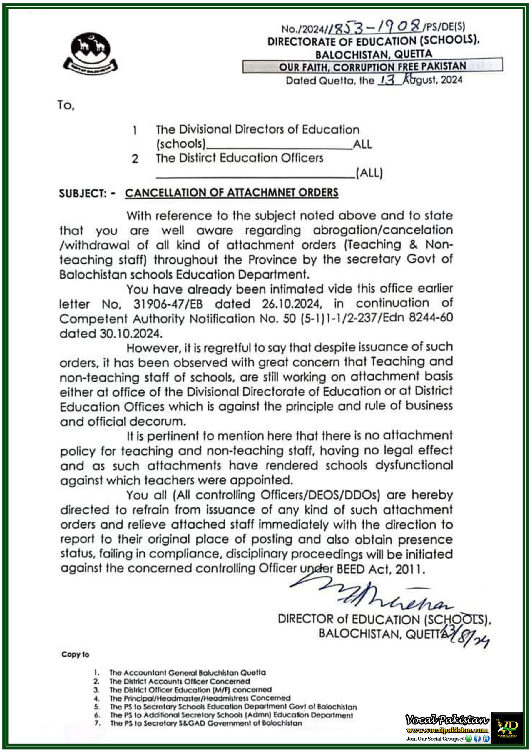 Cancellation of All Attachment Orders for School Staff in Balochistan Reaffirmed-Notification ...