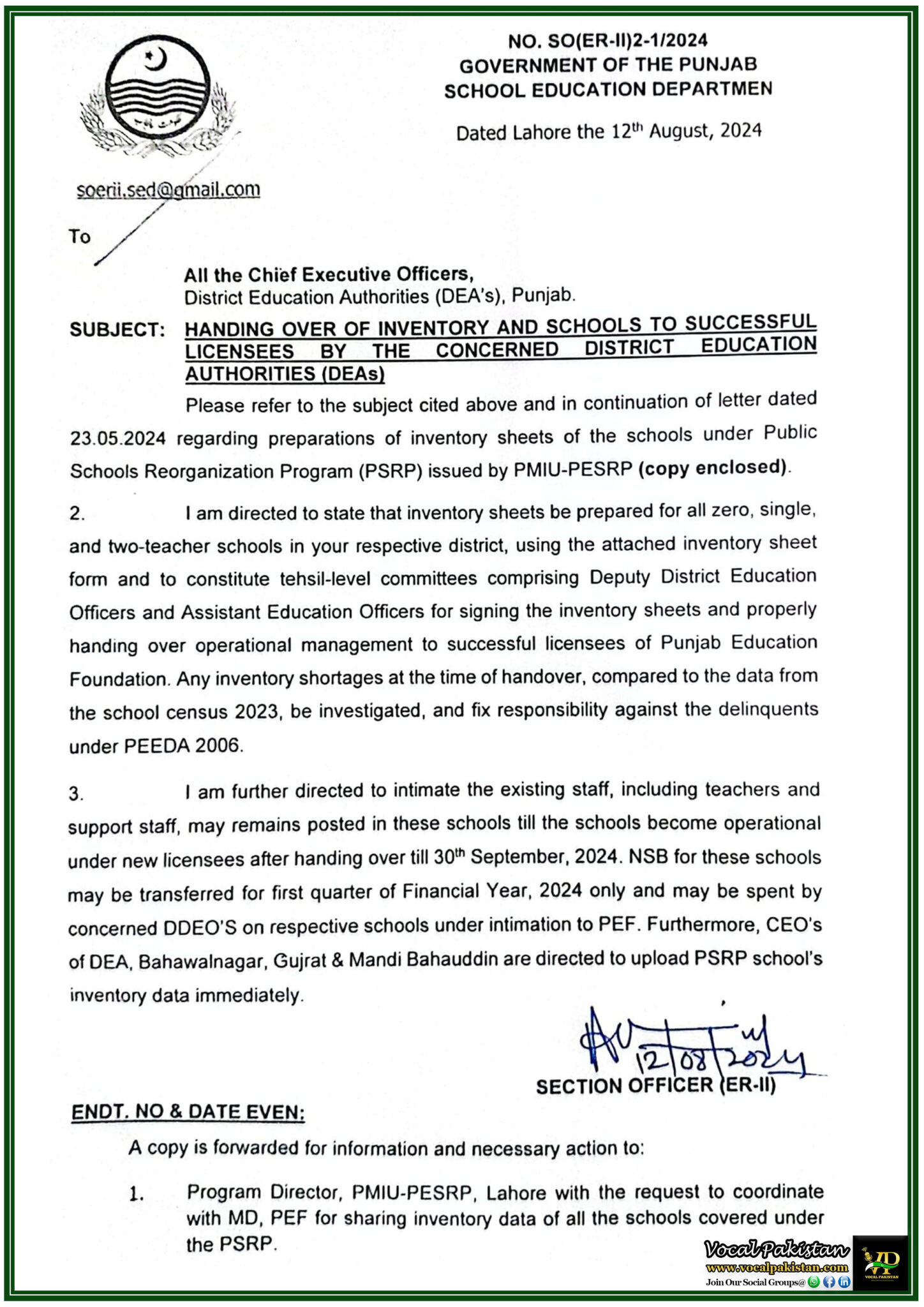 District Education Authorities Directed to Transfer School Management to PEF: Inventory Audits ...