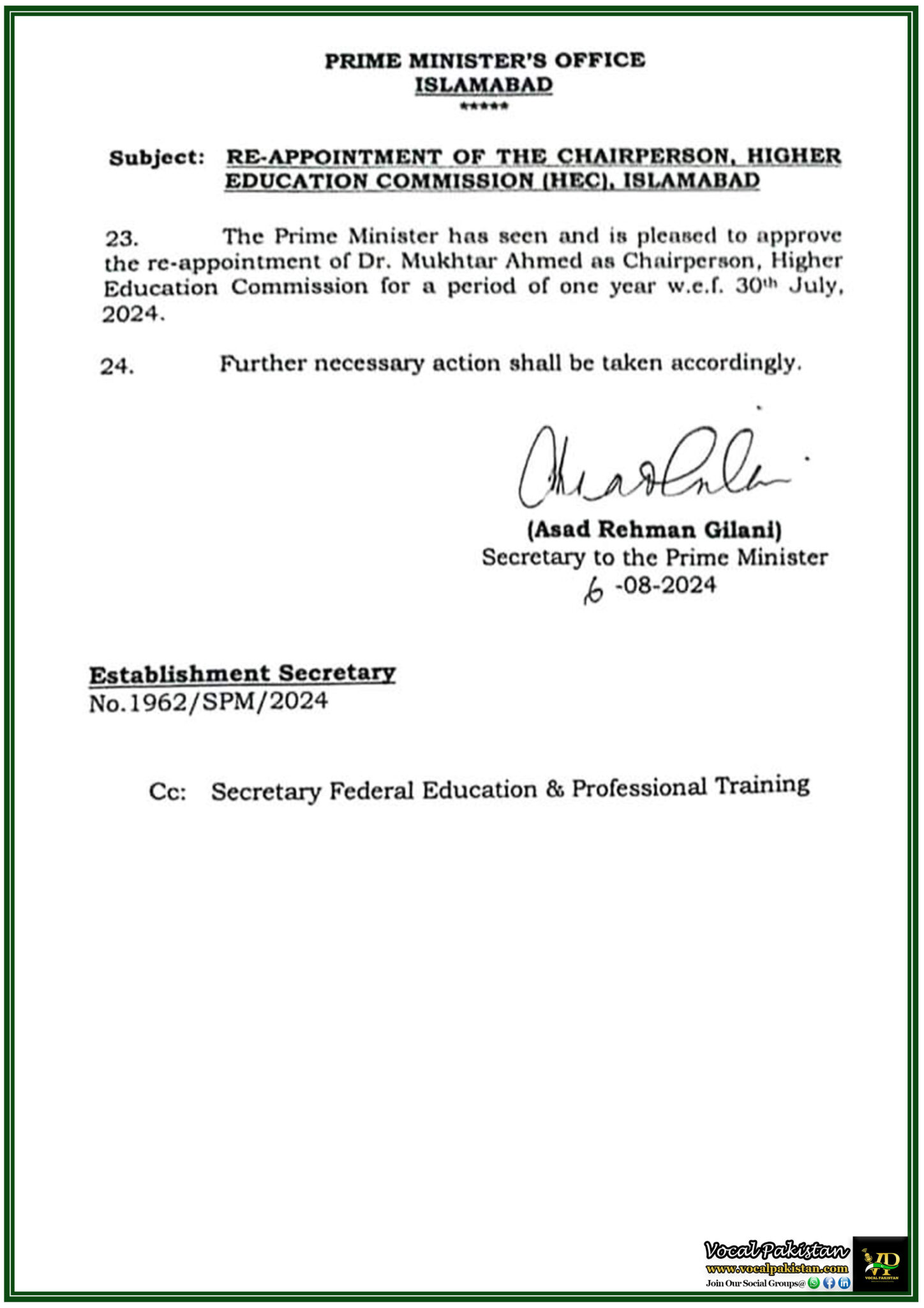 Dr. Mukhtar Ahmed Re-Appointed as Higher Education Commission ...