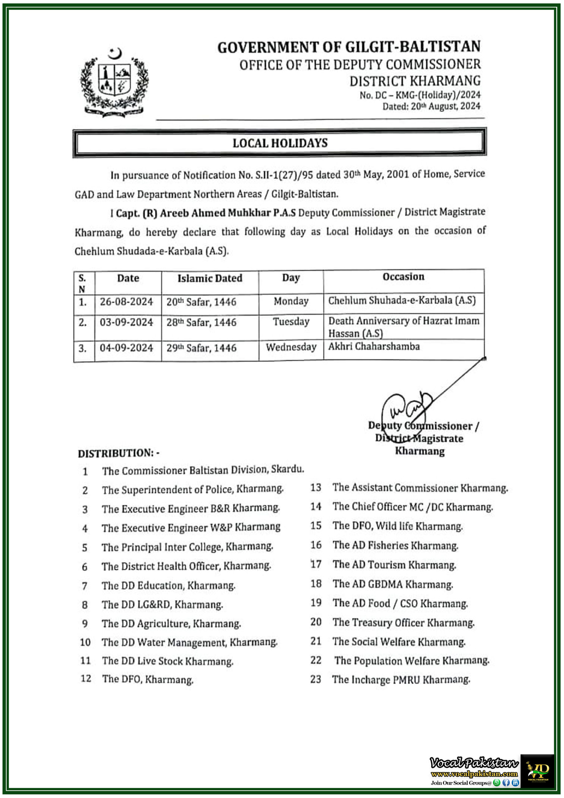Kharmang District, Gilgit Baltistan Declares Local Holidays for Chehlum ...