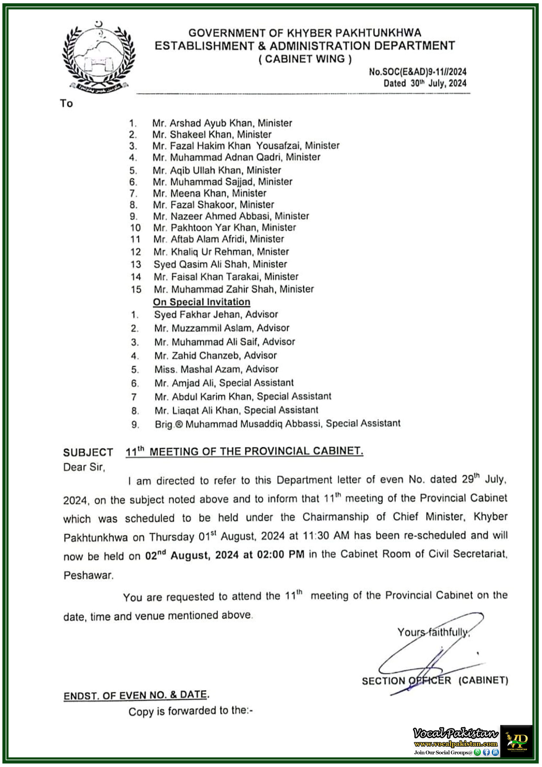 Khyber Pakhtunkhwa Cabinet Meeting Postponed to August 2nd, 2024 ...