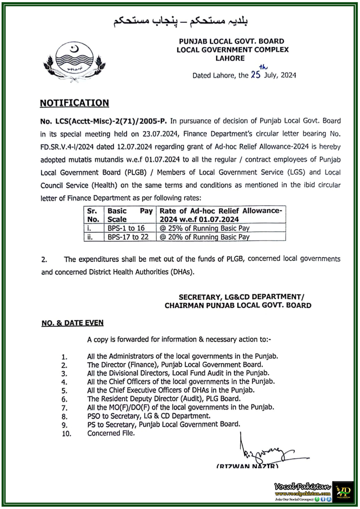 Punjab Local Government Board Announces Adhoc Relief Allowance-2024 for ...