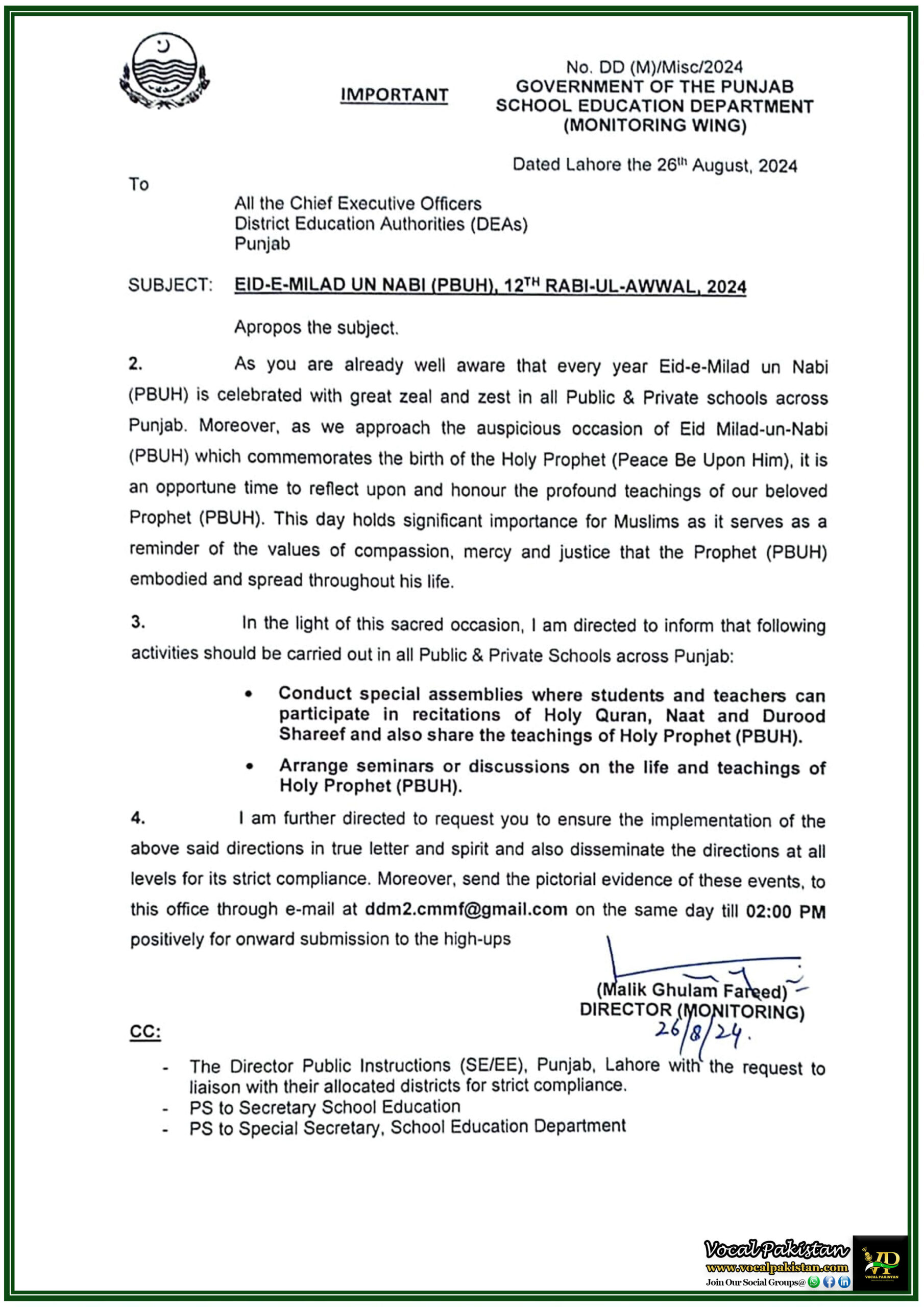School Education Department Punjab instructions to Celebrate Eid Milad-un-Nabi (PBUH) with ...