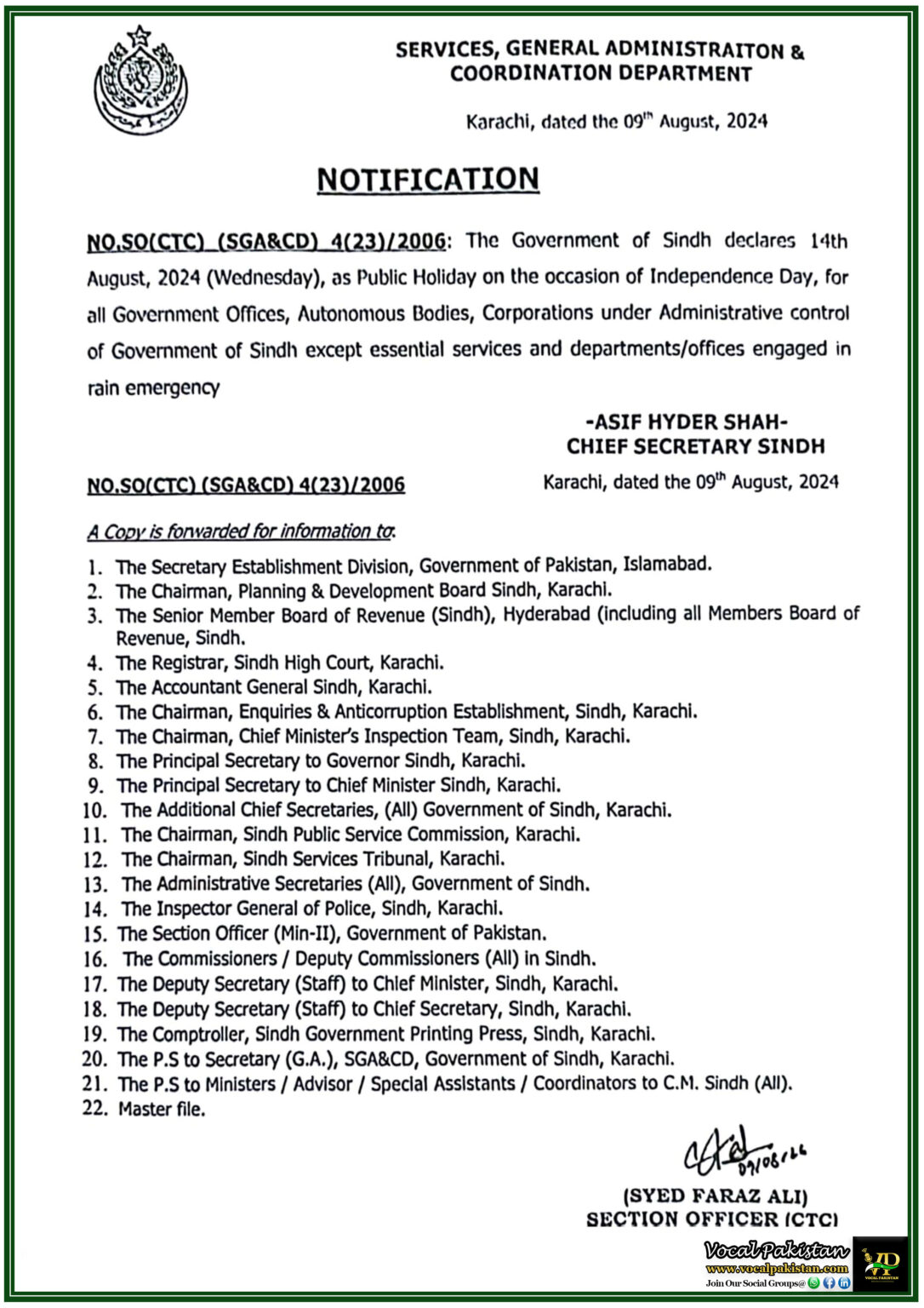 Sindh Government Announces Public Holiday on 14th August 2024 for ...