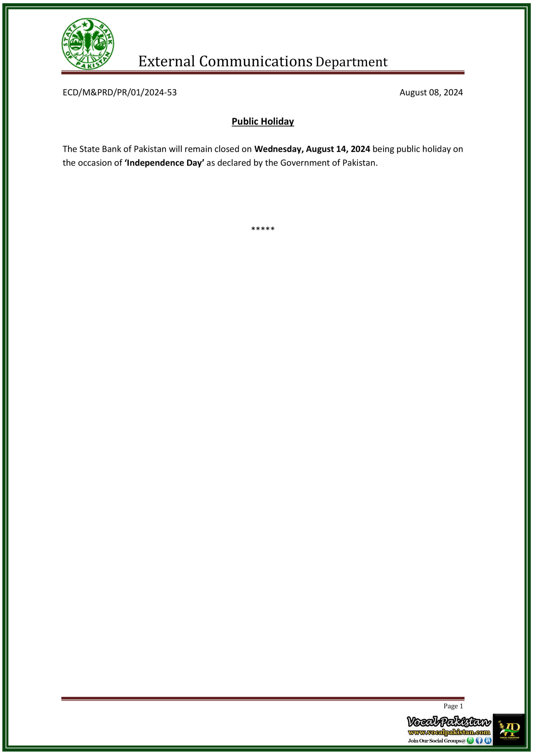 State Bank of Pakistan Announces Independence Day Holiday: August 14th ...