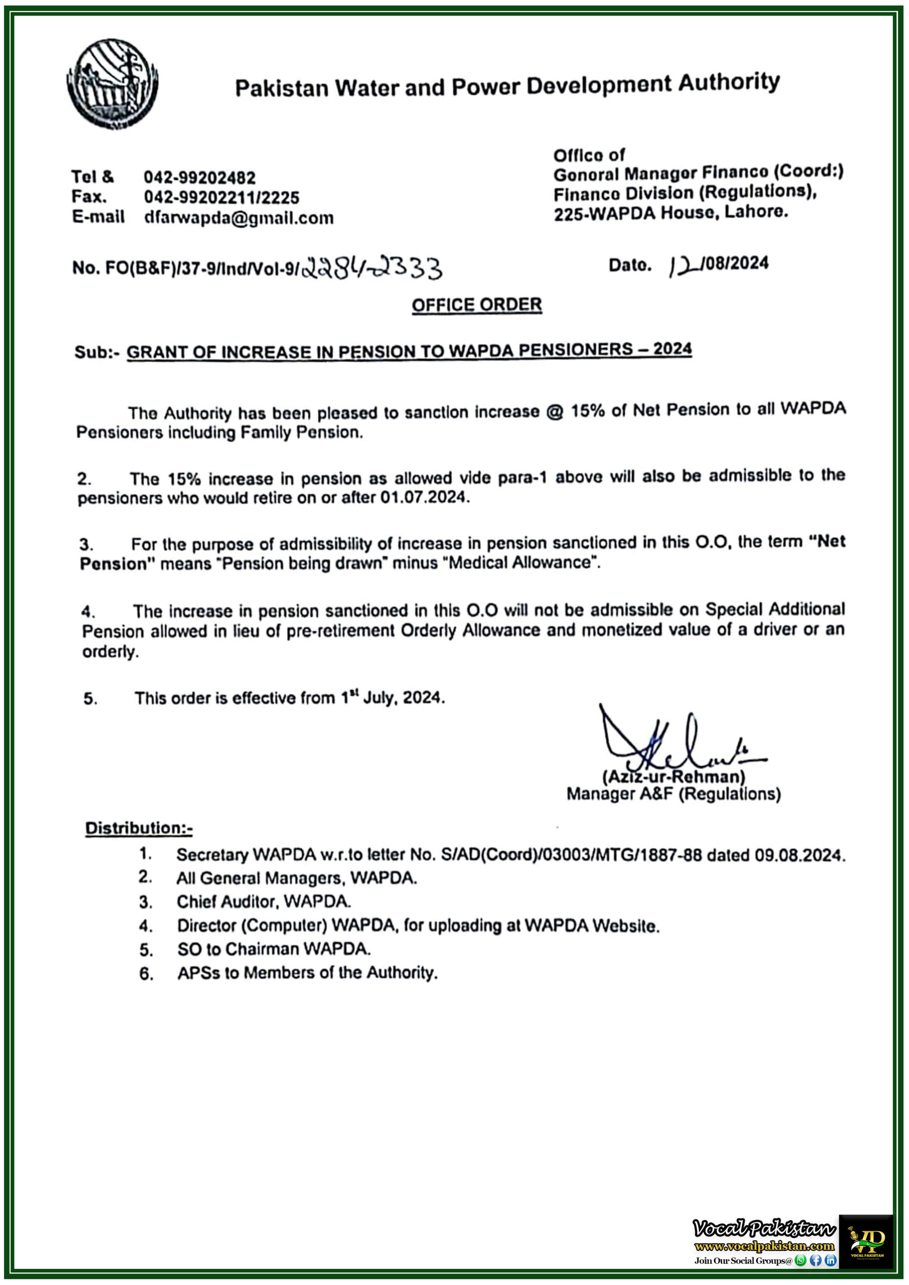 WAPDA Notification Regarding 15% Pension Increase for Current and Future Retirees Starting July ...