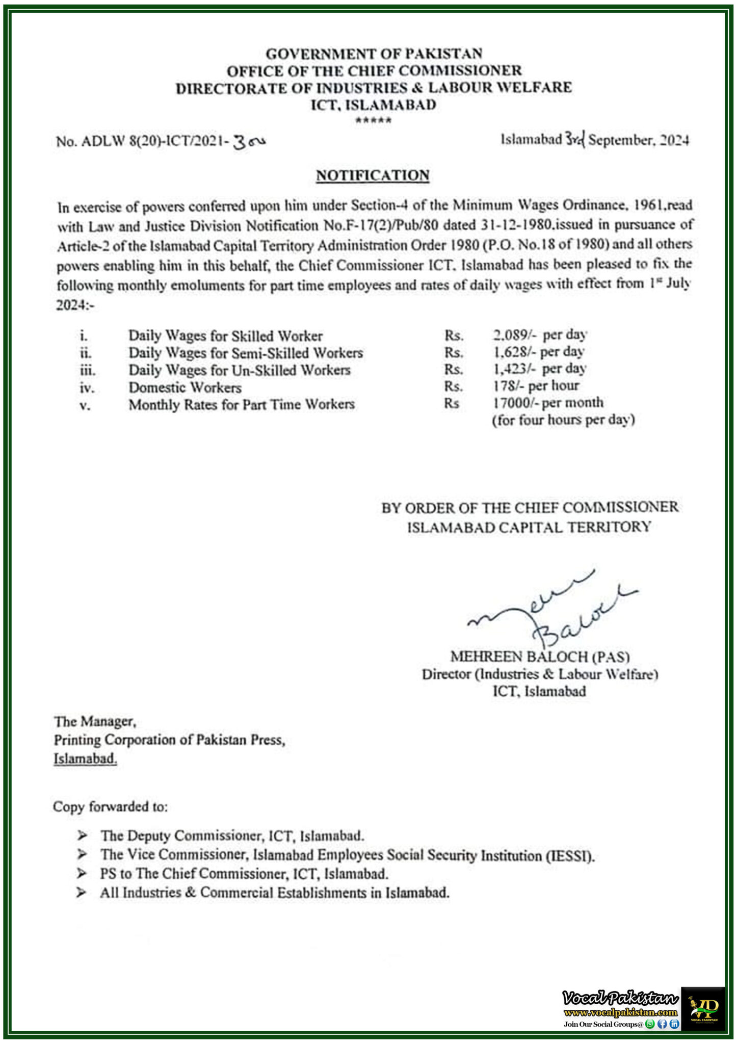 Islamabad Chief Commissioner Revises Minimum Wages for Part-Time and ...
