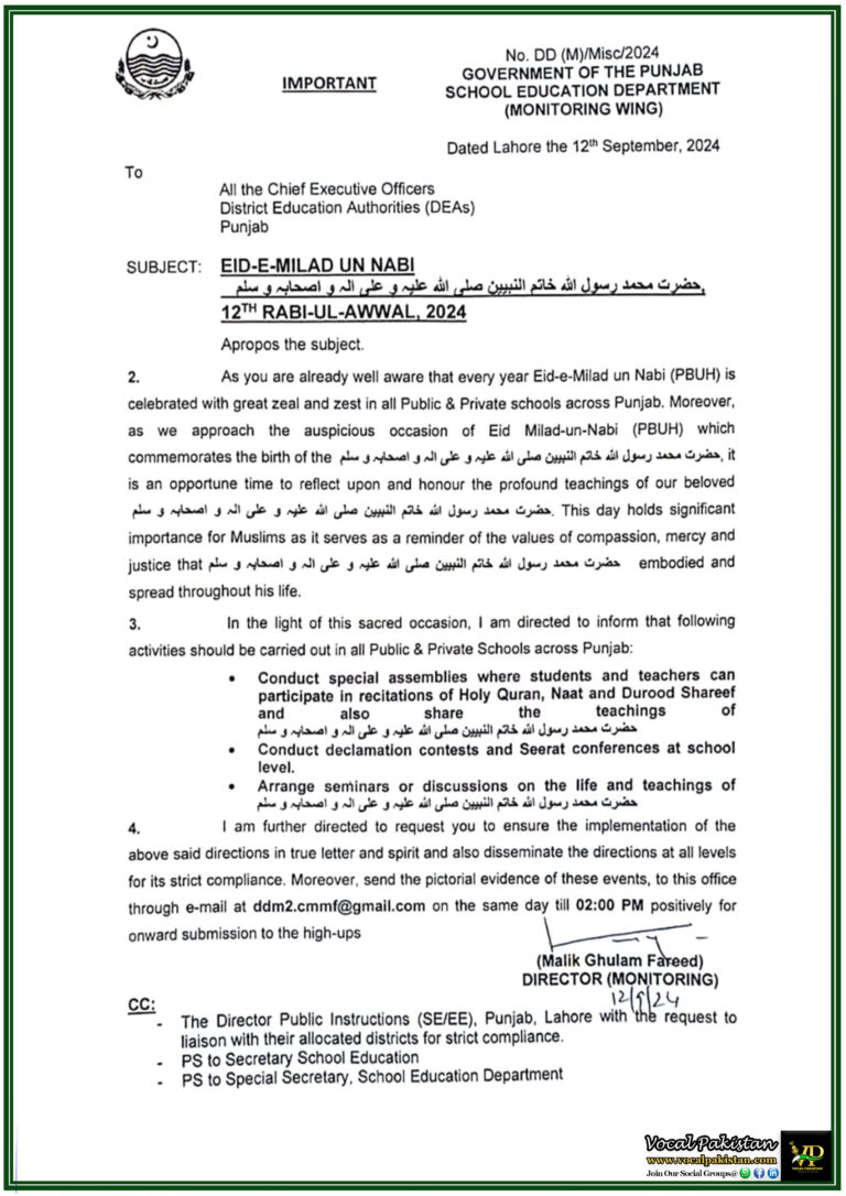 Punjab School Education Department Announces Activities for Eid Milad ...