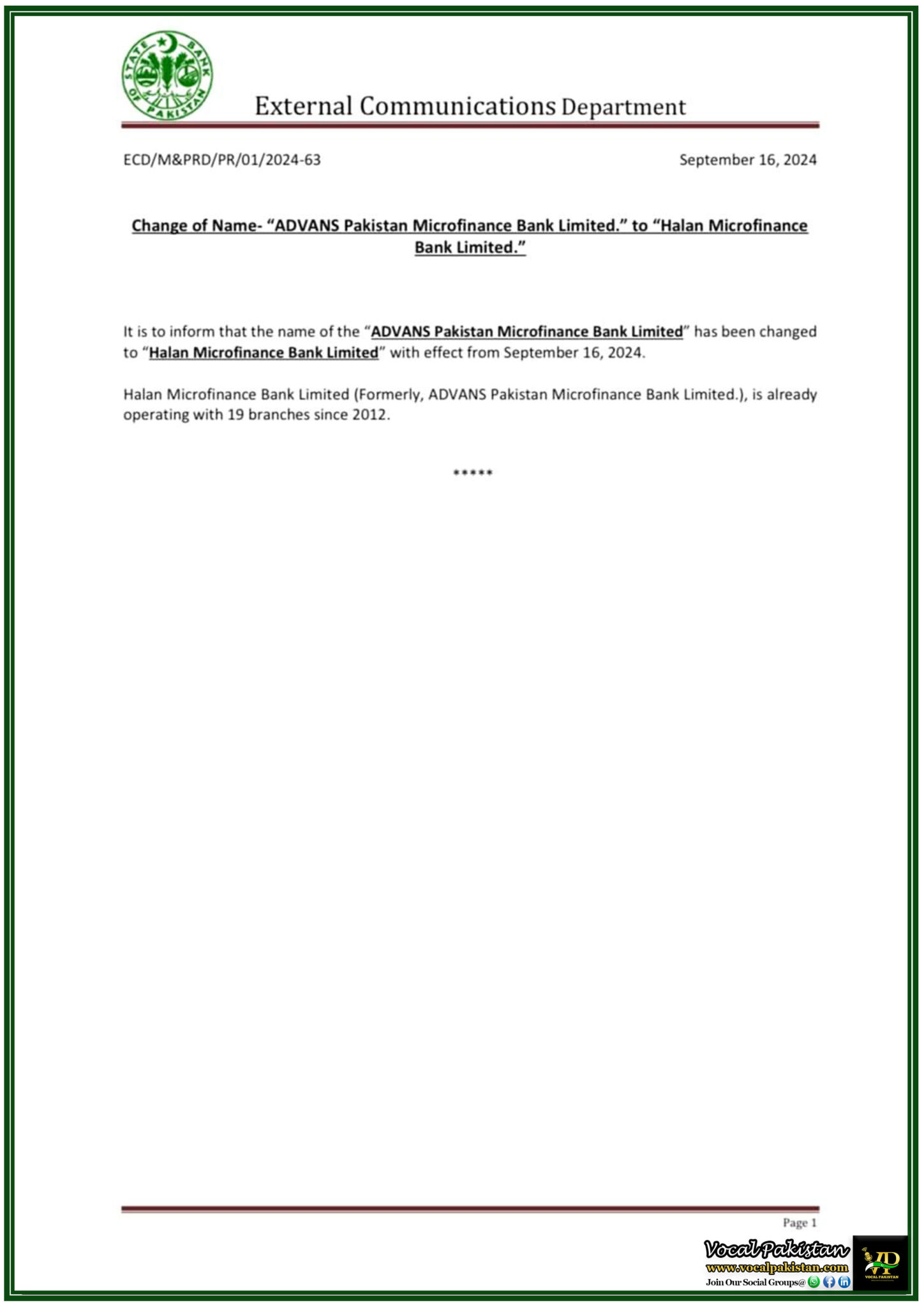 State Bank of Pakistan Announces Name Change: Advans Pakistan ...