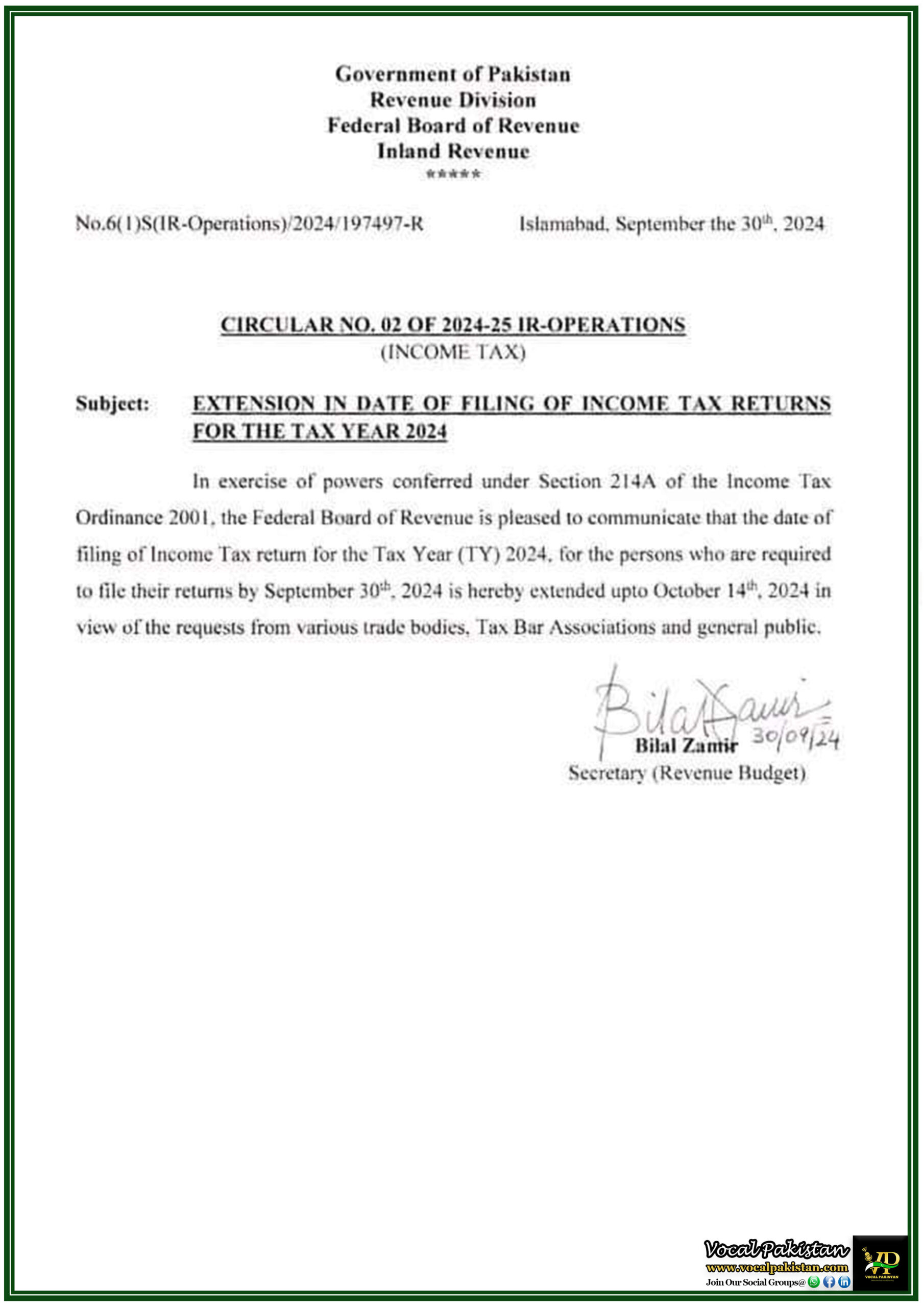 FBR Extends Income Tax Return Filing Deadline for Tax Year 2024 to ...