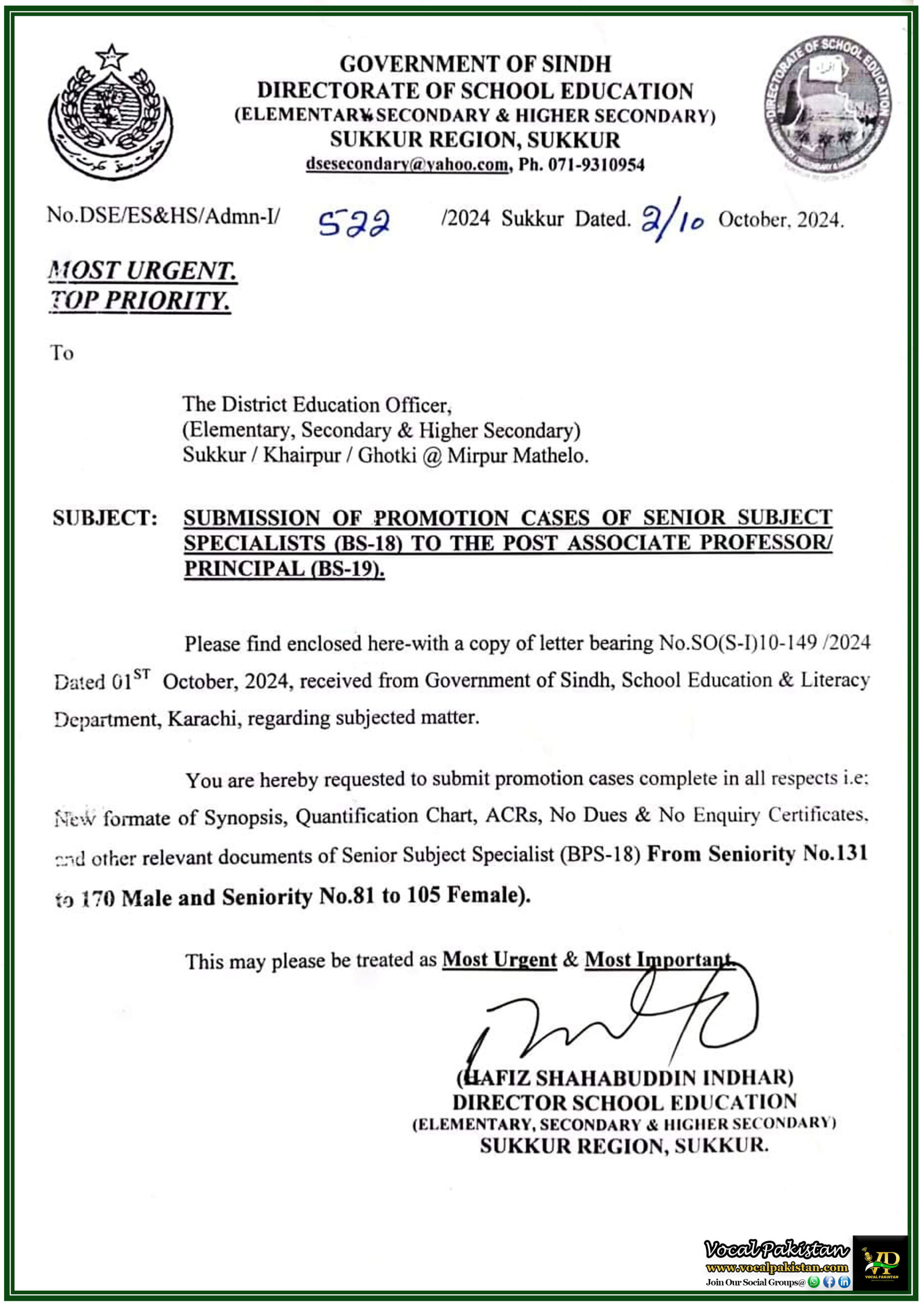 Notification of Complete Promotion Cases Needed for Senior Subject Specialists (BS-18) to BS-19 ...