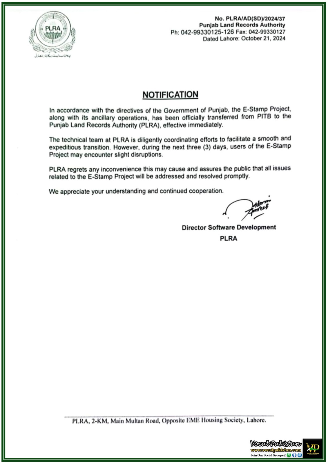 Transfer of E-Stamp Project to Punjab Land Records Authority ...