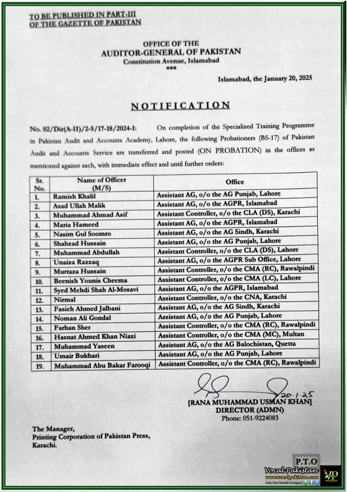 Auditor-General of Pakistan Announces Postings for Probationary ...