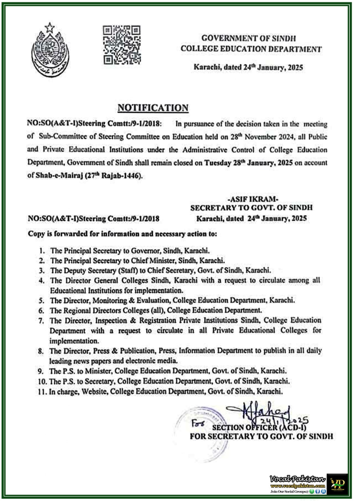 College Education Department Sindh Government Declares Public Holiday ...