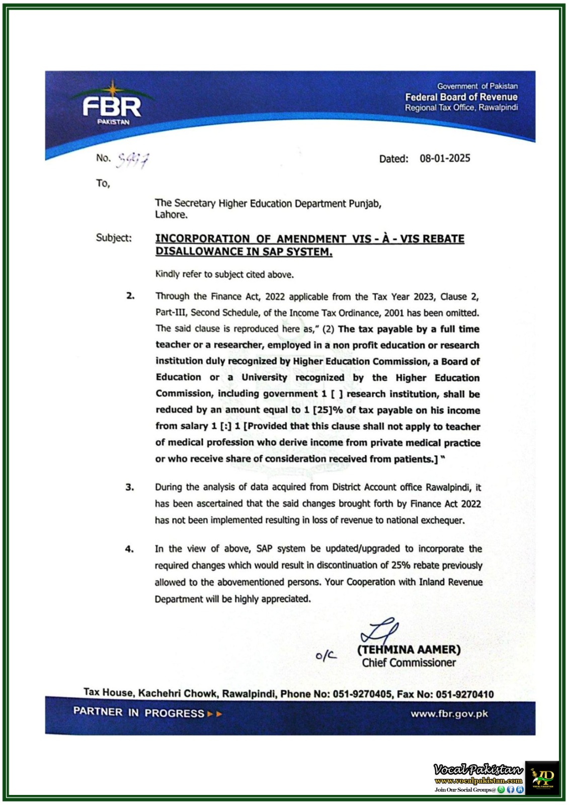 FBR Directs Higher Education Department Punjab to Amend SAP System for ...