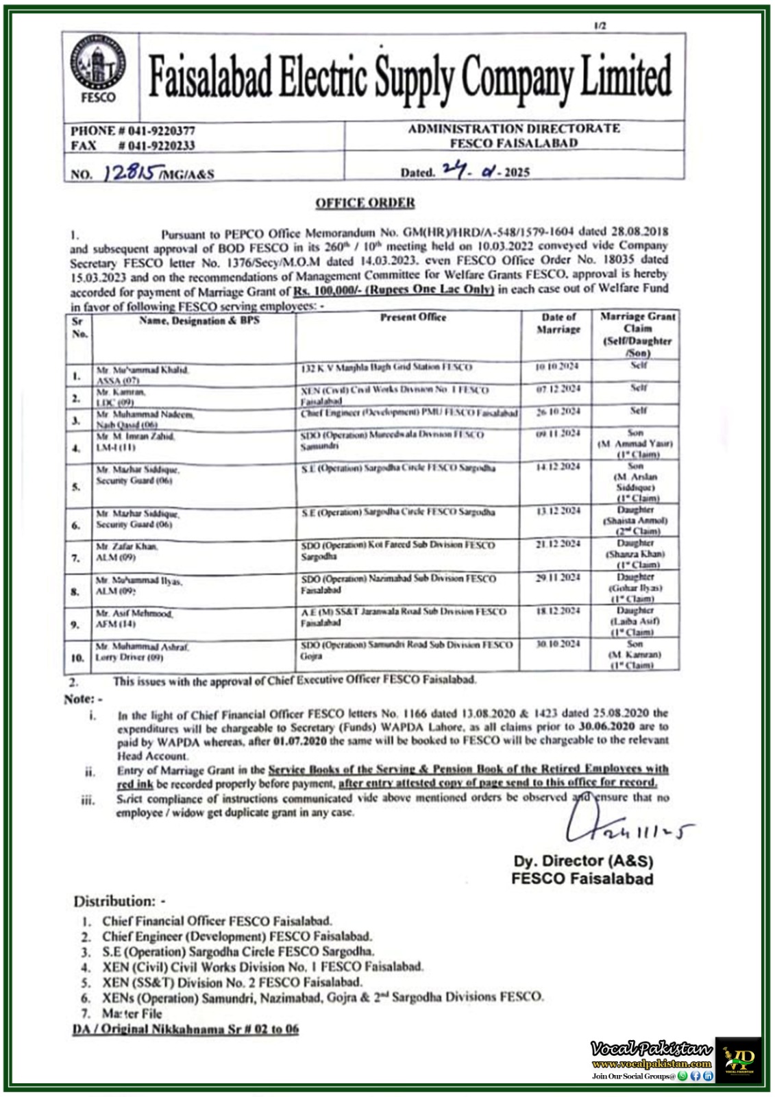 FESCO Announces Rs. 100,000 Marriage Grant for Employees–Official ...