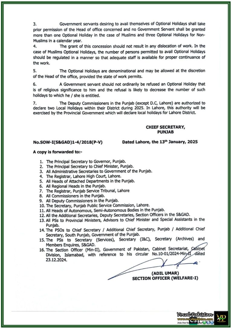 Punjab Government Announces Public and Optional Holidays Schedule for ...