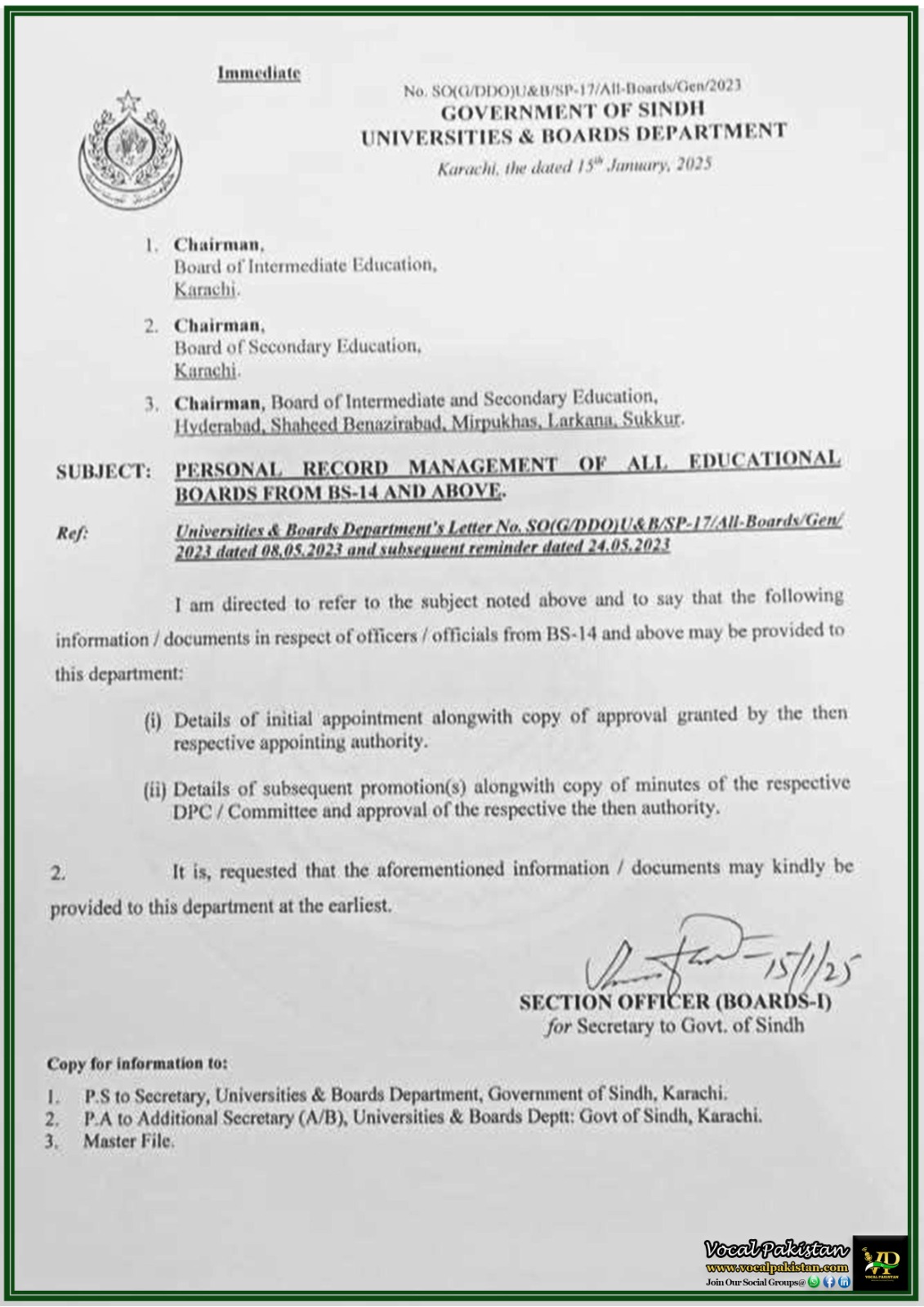 Sindh Government Directs Comprehensive Personal Record Management for ...