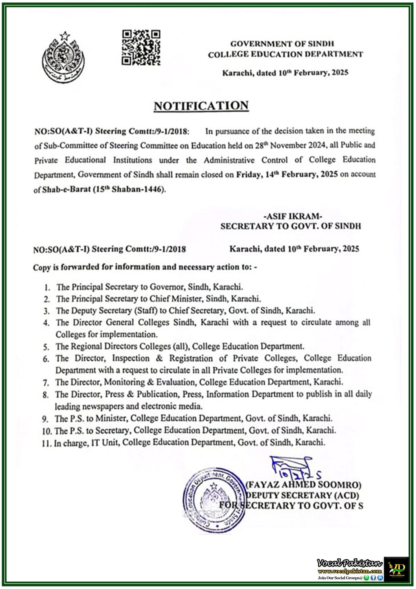 Government of Sindh Announces Public Holiday for Colleges for Shab-e ...