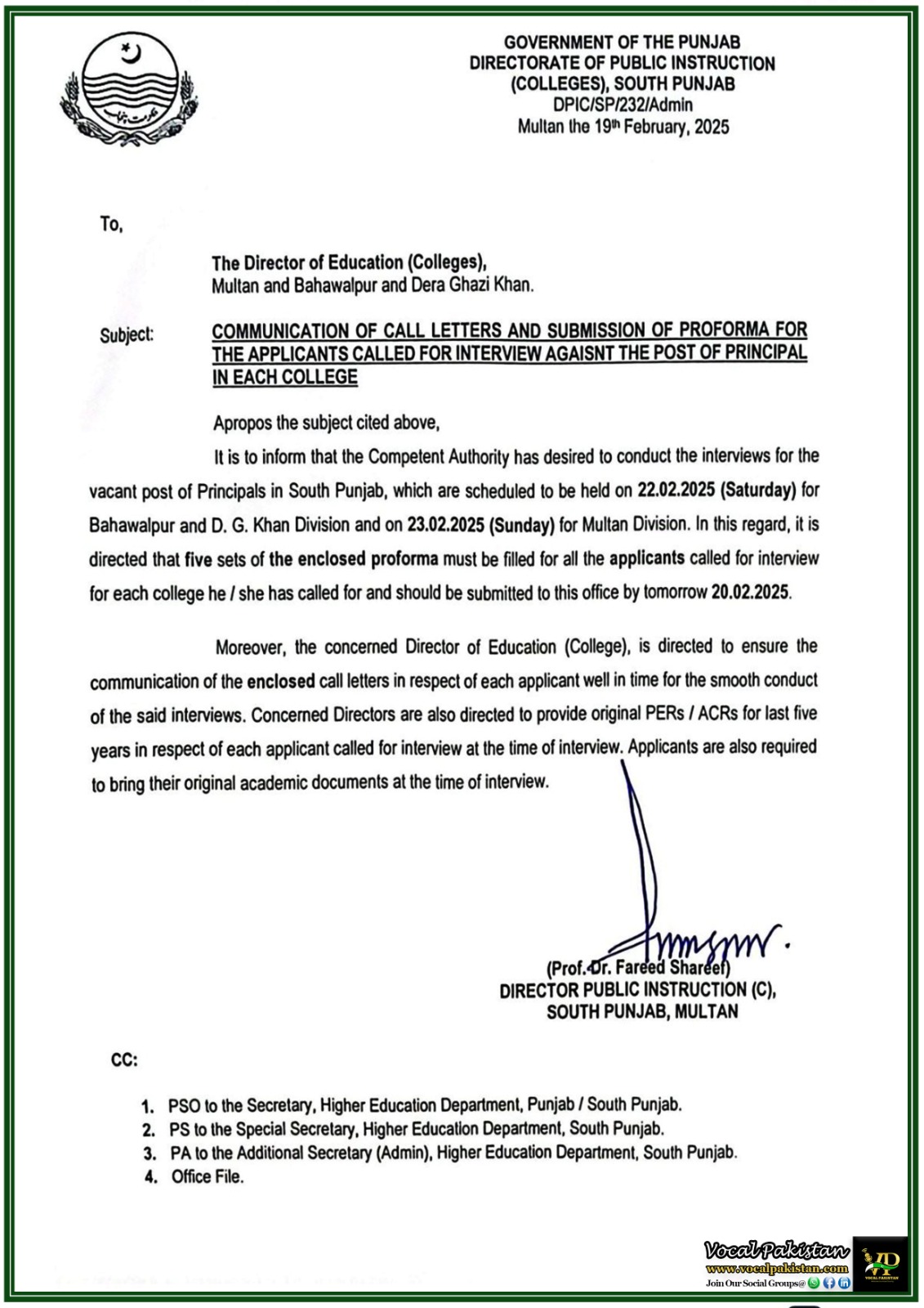 Punjab Government Announces Interview Schedule for College Principals ...