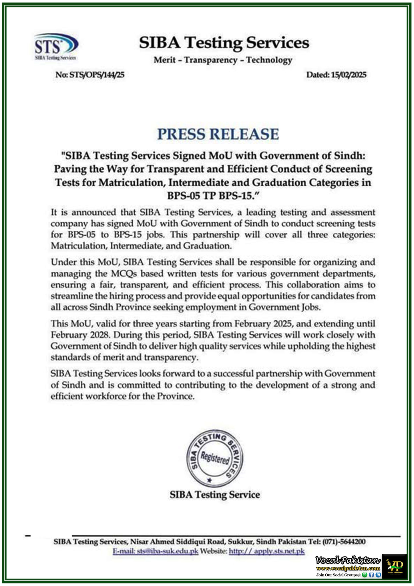 Sindh Government Signs MOU with SIBA Testing Services for BPS-05 to BPS ...