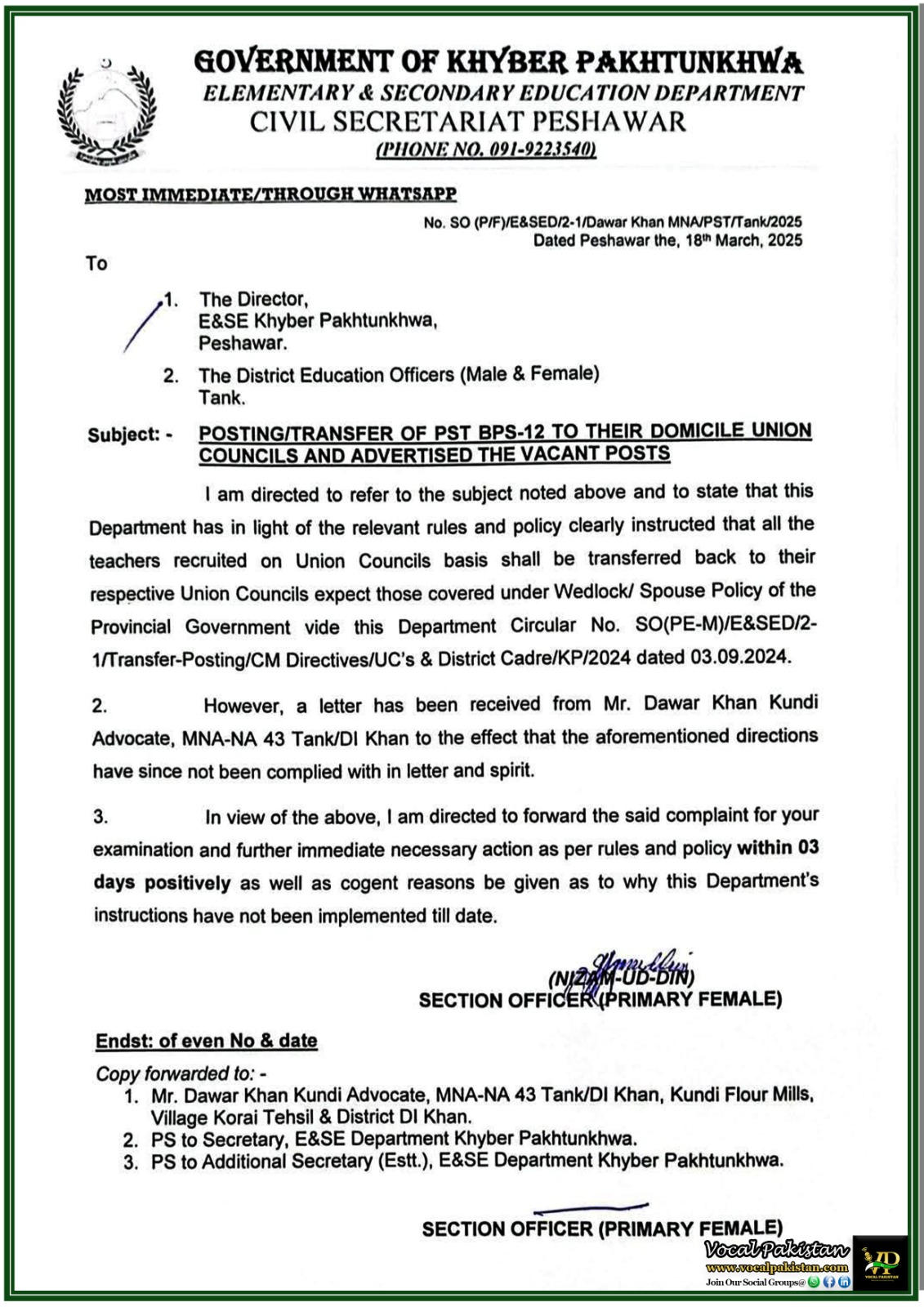 Education Department KPK Directive of Teachers to Be Posted in Their ...