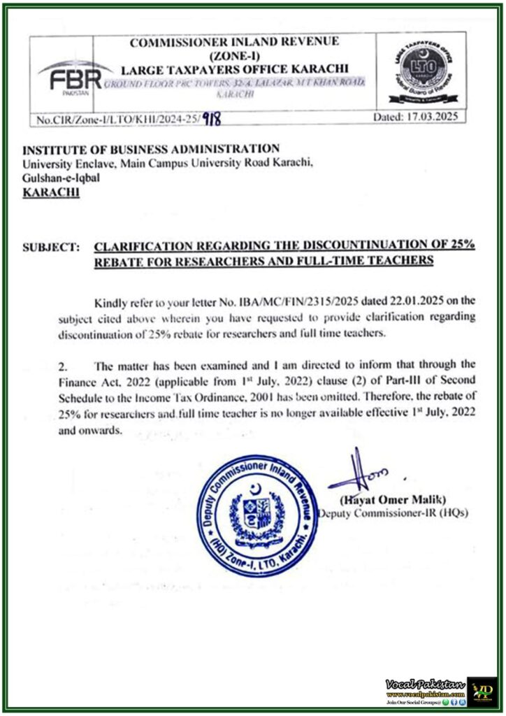 FBR Confirms Withdrawal of 25% Income Tax Rebate for Researchers & Teachers–LTO Karachi Issues ...