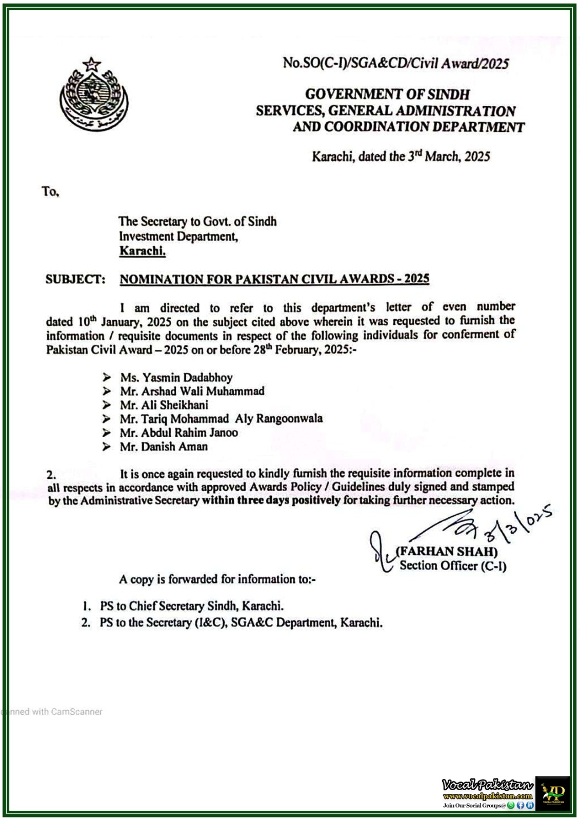 Pakistan Civil Awards 2025: Government of Sindh Calls for Final ...