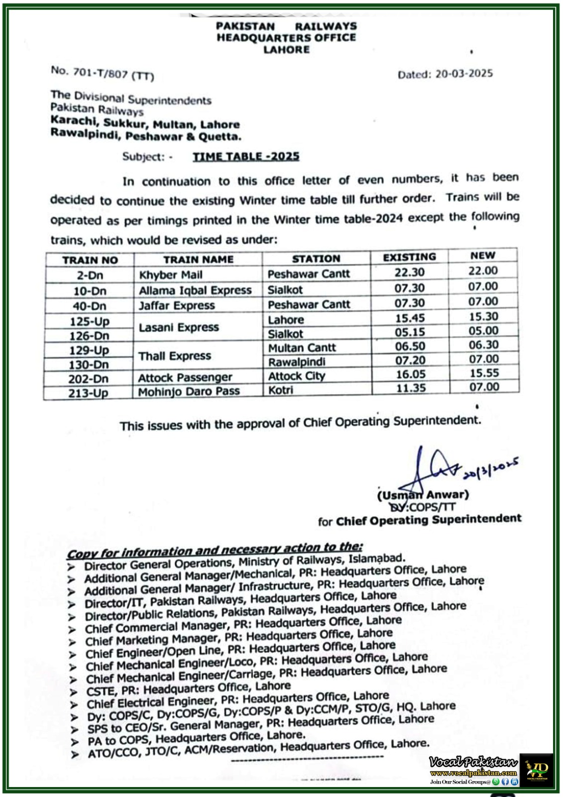 Pakistan Railways Winter Time Table 2025 Update–Official Notification ...