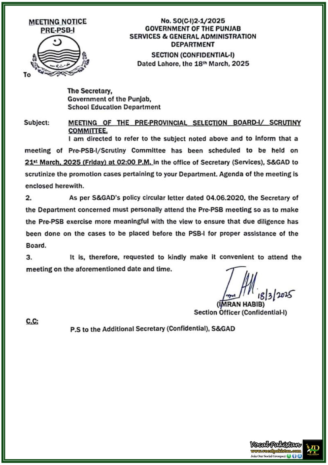 Pre-Provincial Selection Board-I (Pre-PSB-I) Meeting Scheduled on March ...