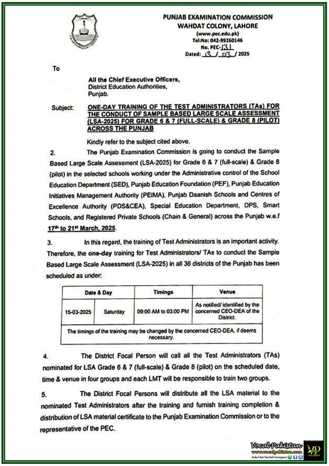 Punjab Examination Commission Announces One-Day Training for Large ...