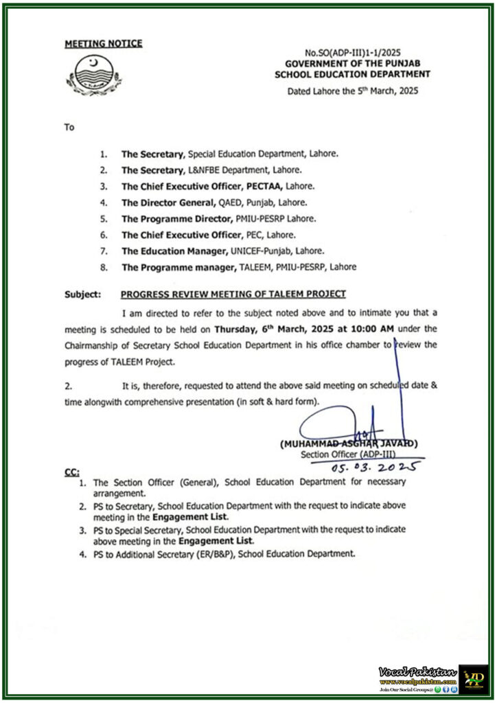 School Education Department Punjab Issues Meeting Notice for TALEEM Project–Notification - Vocal ...