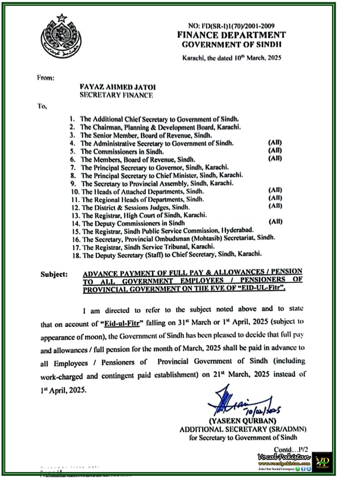 Sindh Government Announces Advance Salary & Pension for Eid-ul-Fitr ...