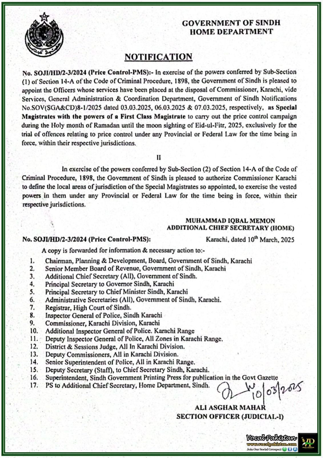Sindh Government Appoints Special Magistrates for Price Control During ...