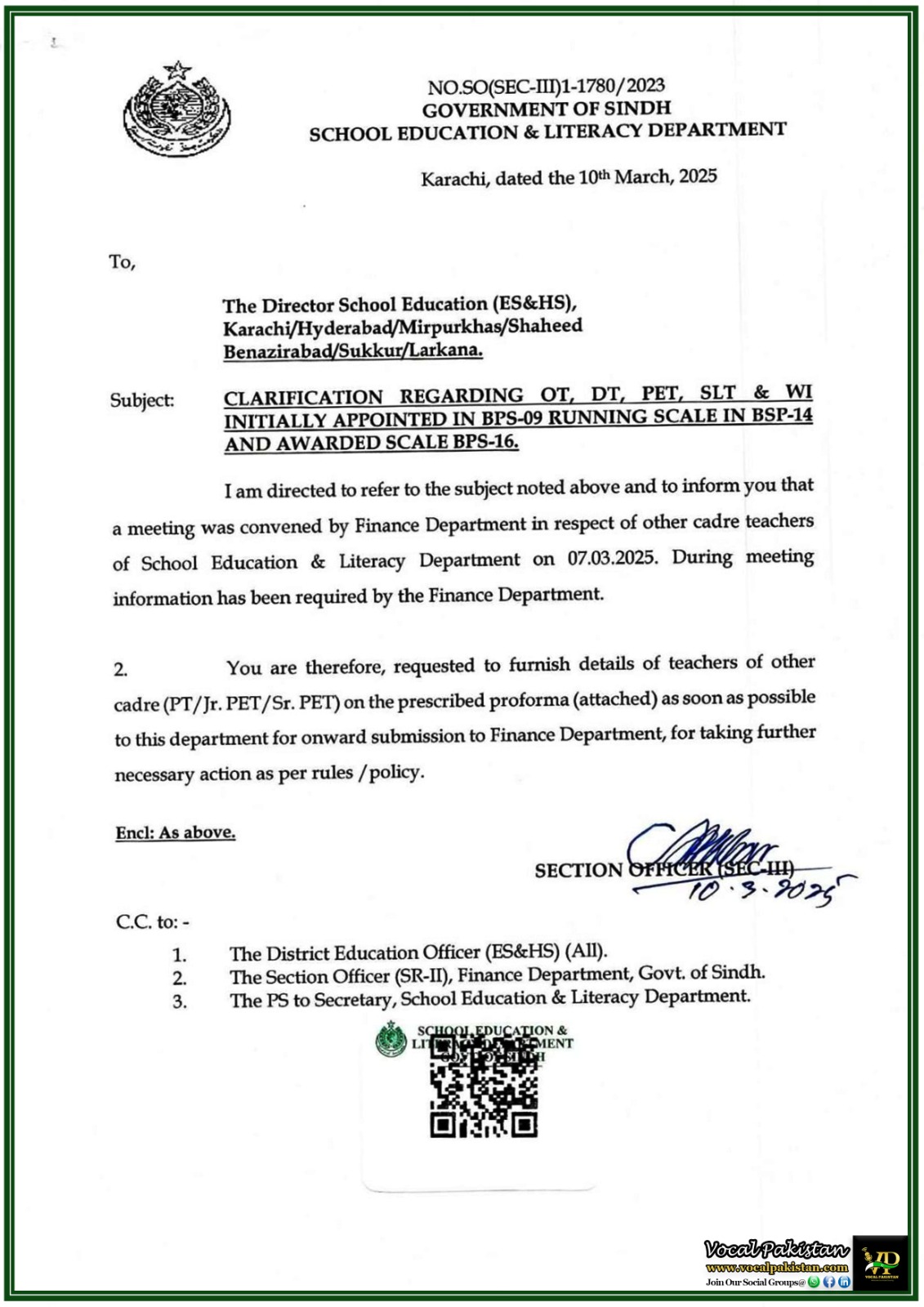 Sindh Government Seeks Teacher Cadre Details for Pay Scale ...