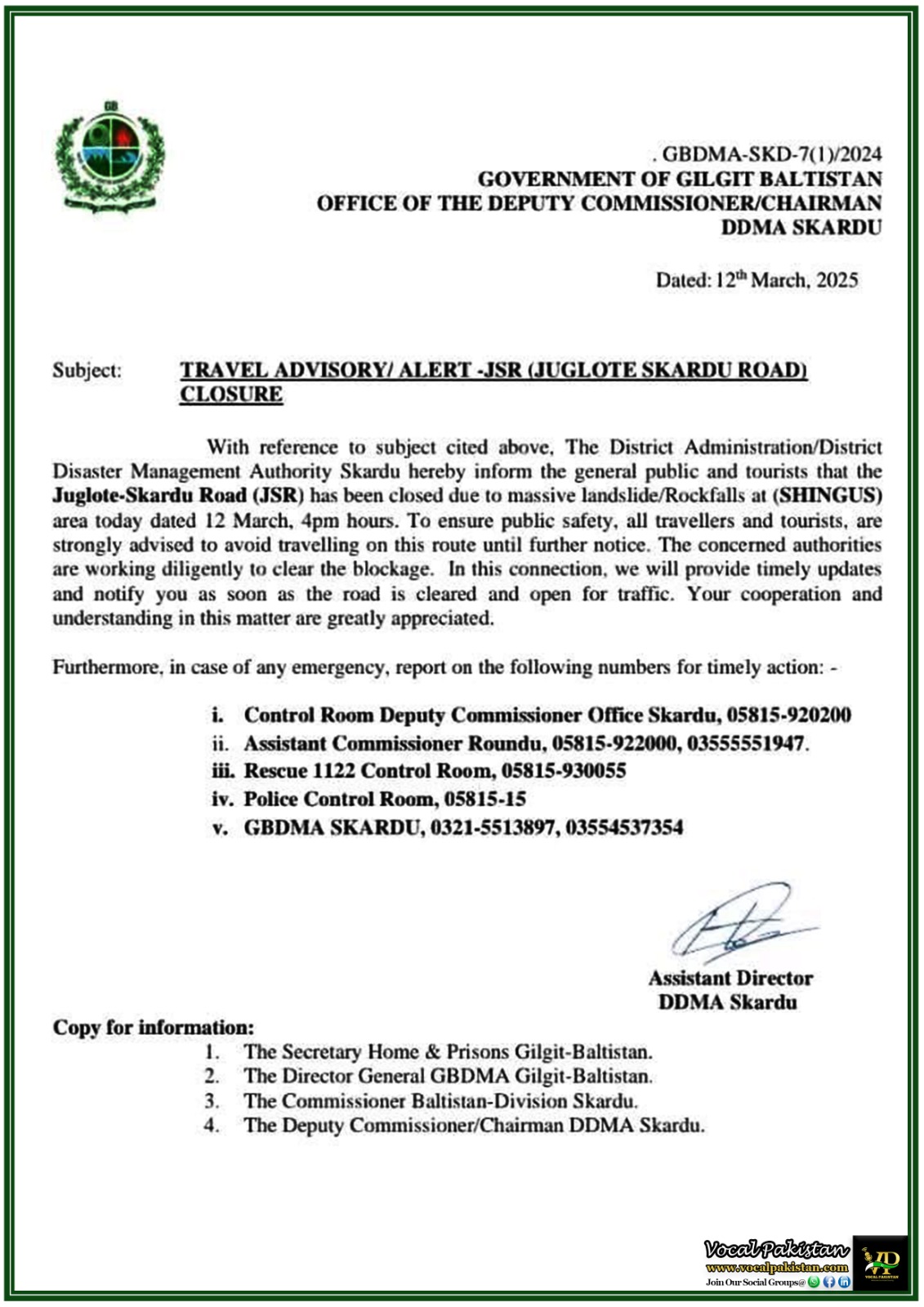 Travel Advisory: Juglote-Skardu Road Closed Due to Landslide–Official ...