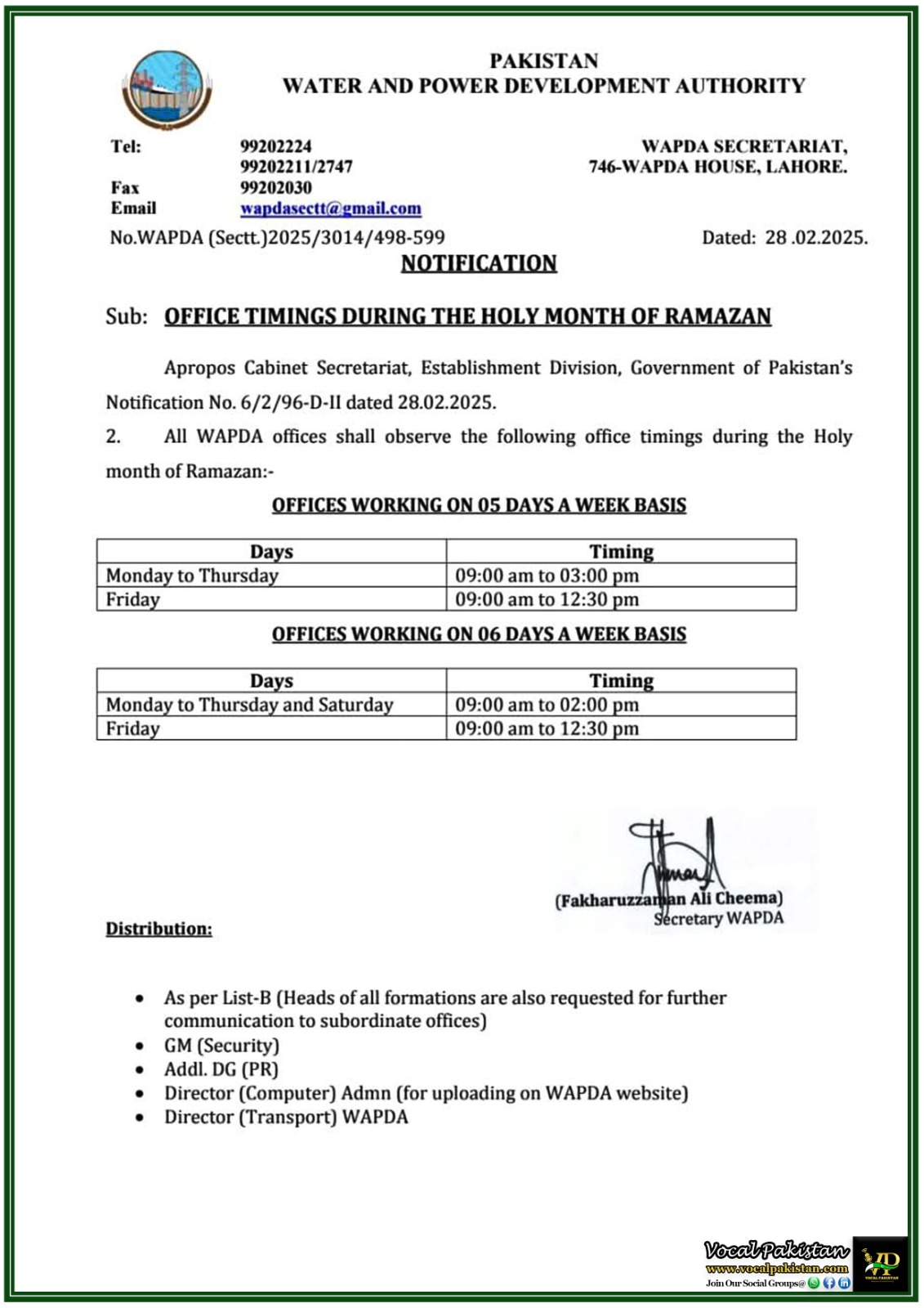 WAPDA Announces Revised Office Timings for Ramazan 2025–Notification ...