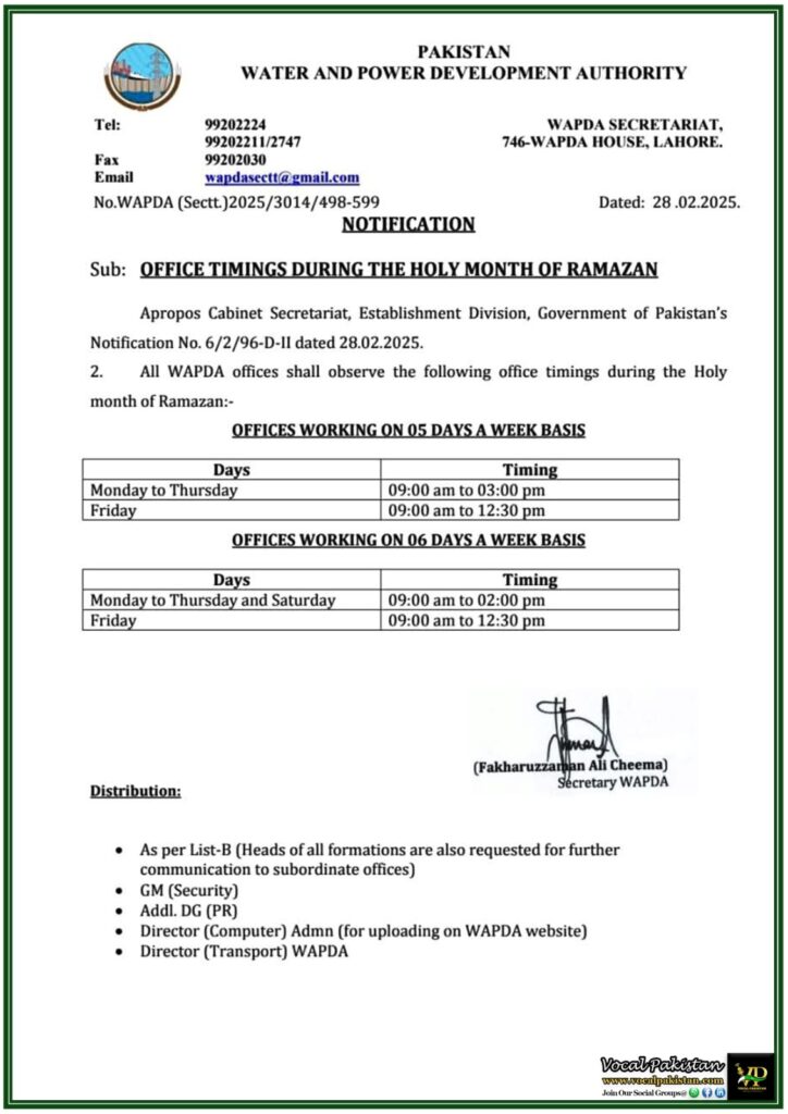 WAPDA Announces Revised Office Timings for Ramazan 2025–Notification - Vocal Pakistan