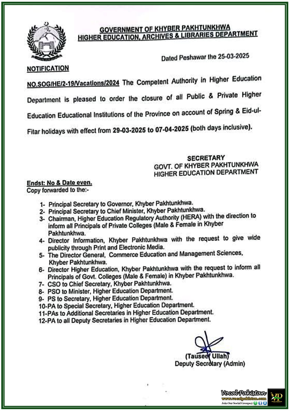 Khyber Pakhtunkhwa Announces Spring & Eid-ul-Fitr Holidays for Colleges ...